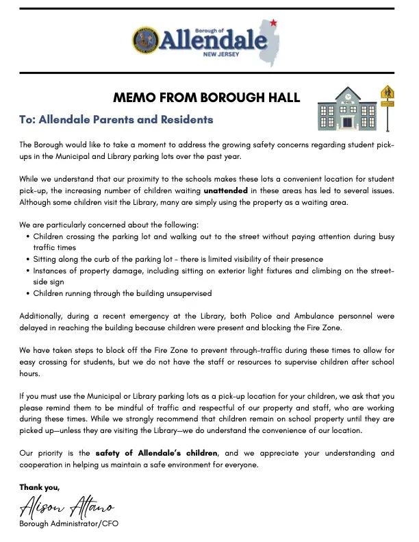 Memo to Parents | Borough of Allendale