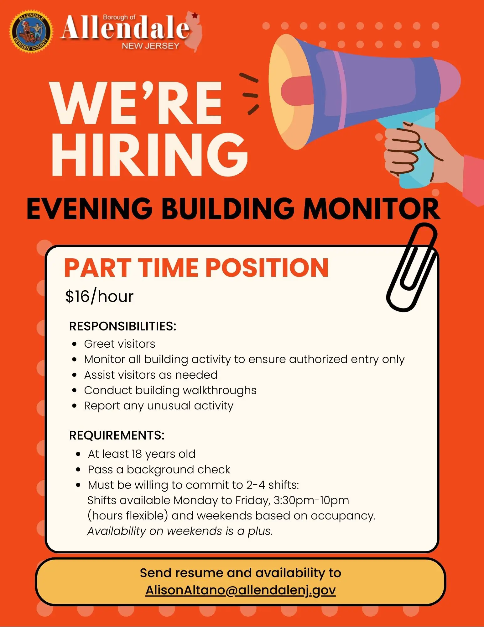 Now Hiring: Evening Building Monitor | Borough of Allendale